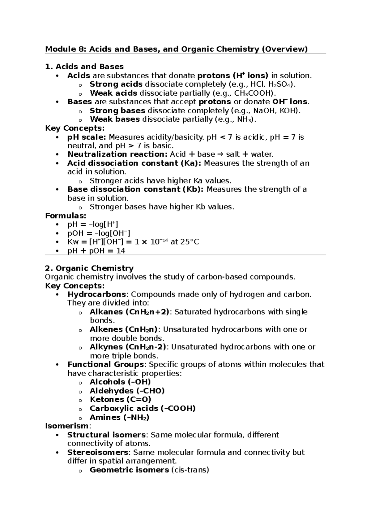 Module 8 bluff - ddd - Module 8: Acids and Bases, and Organic Chemistry ...