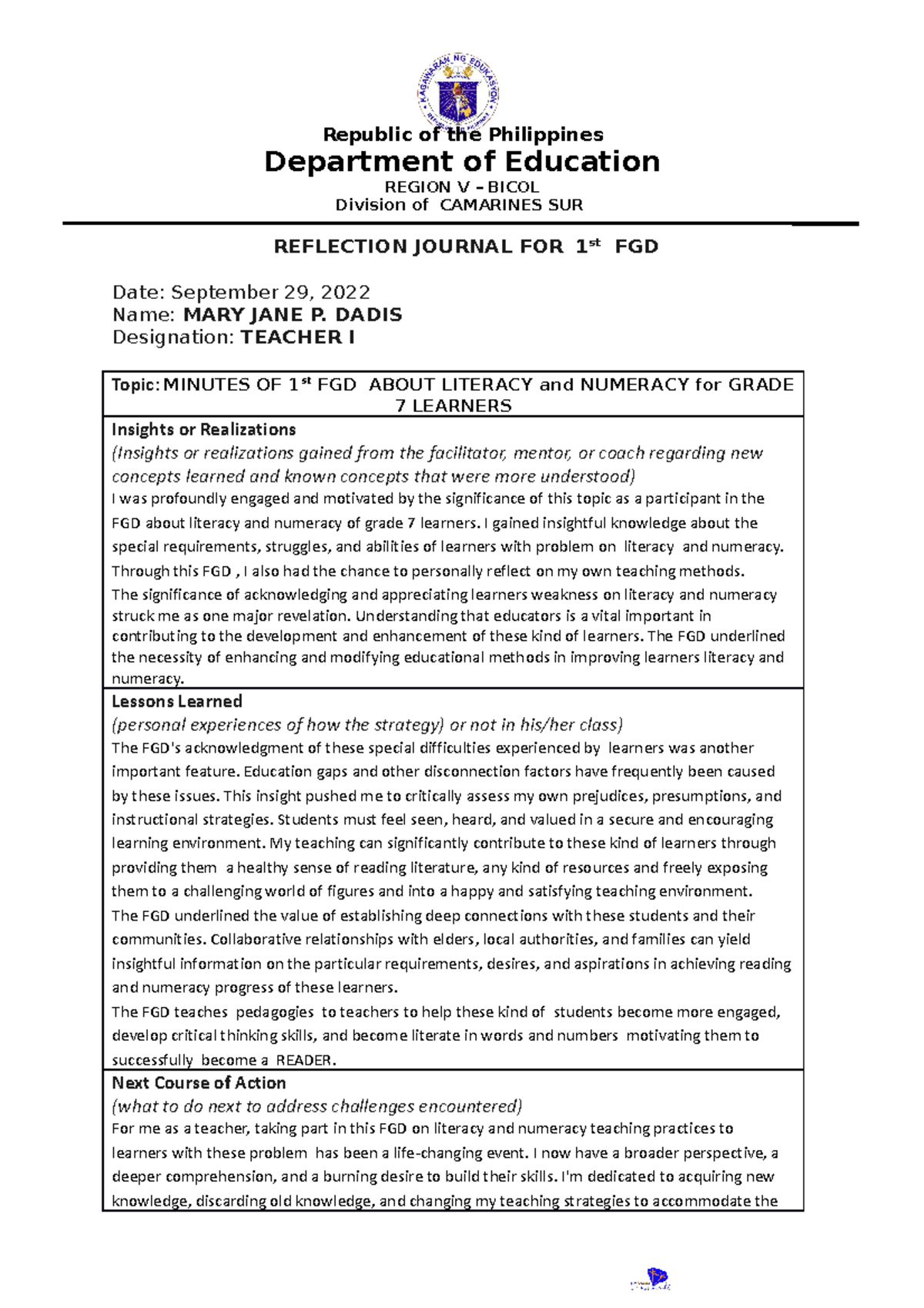 Reflection journals - Republic of the Philippines Department of ...