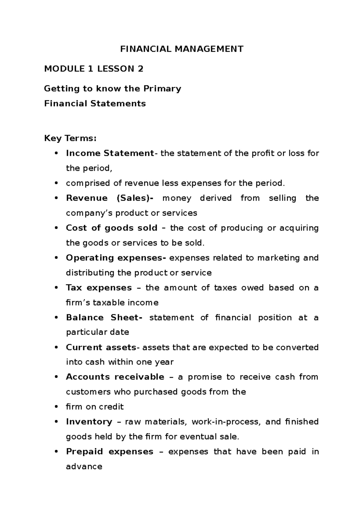 Financial Management M1L2 Summaries - FINANCIAL MANAGEMENT MODULE 1 ...