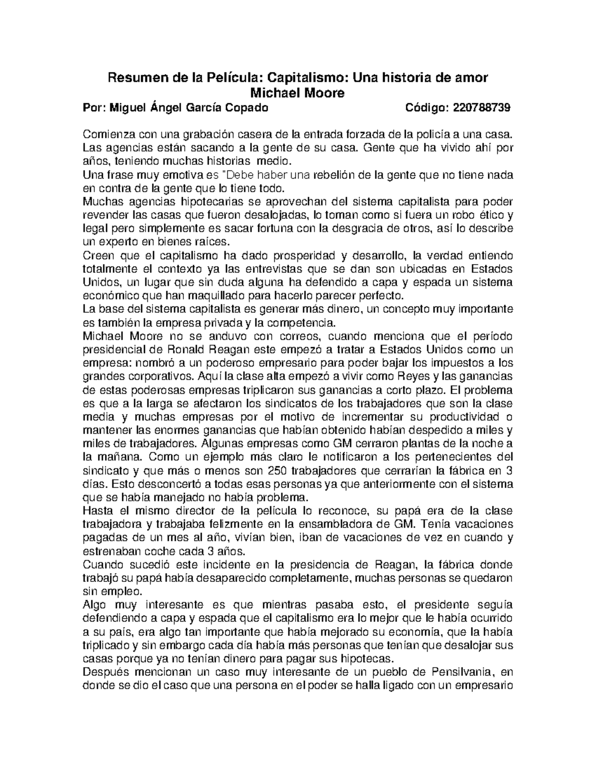 Actividad 3; Resumen de la Película Capitalismo Una historia de amor Michael Moore - Resumen de ...