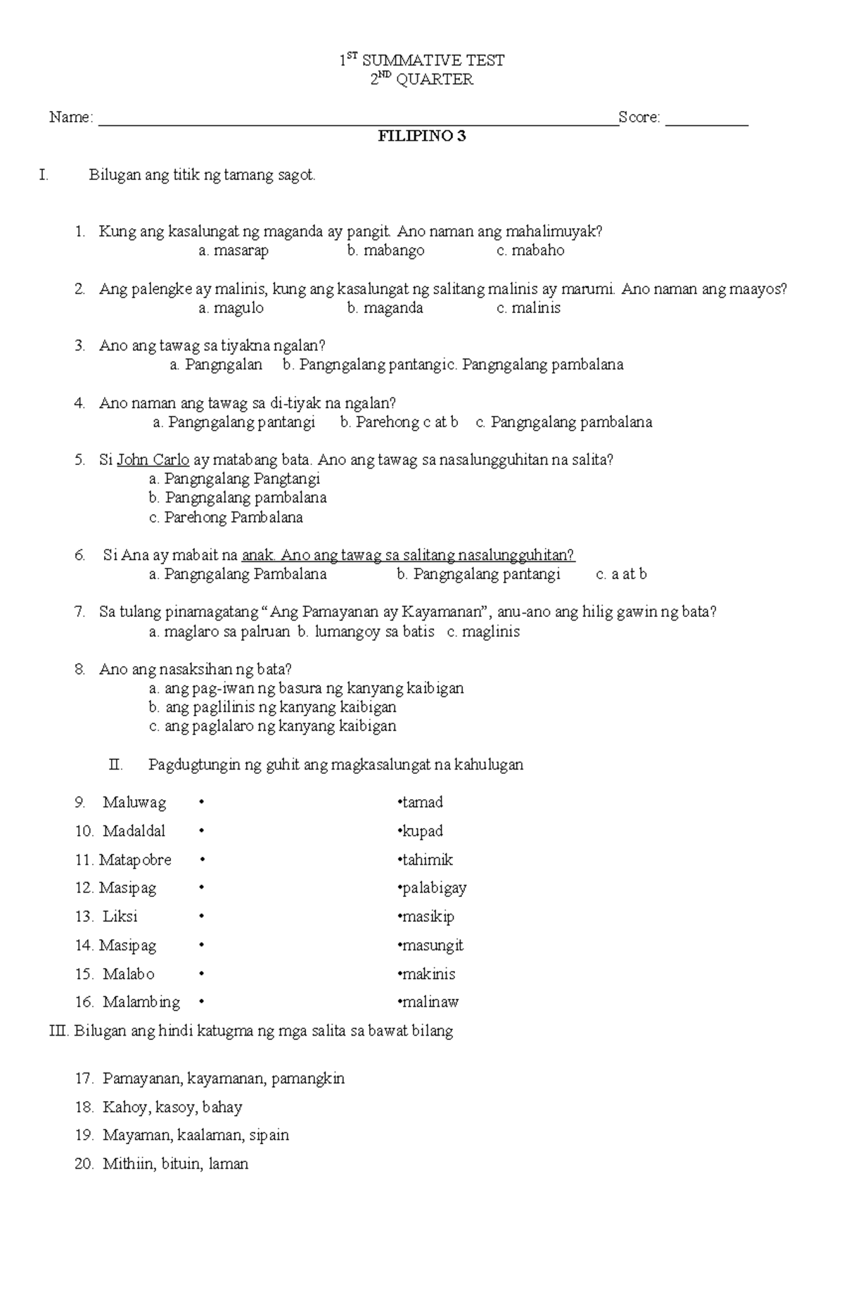 Filipino 3 1ST Summative TEST Quarter 2 - 1 ST SUMMATIVE TEST 2 ND ...