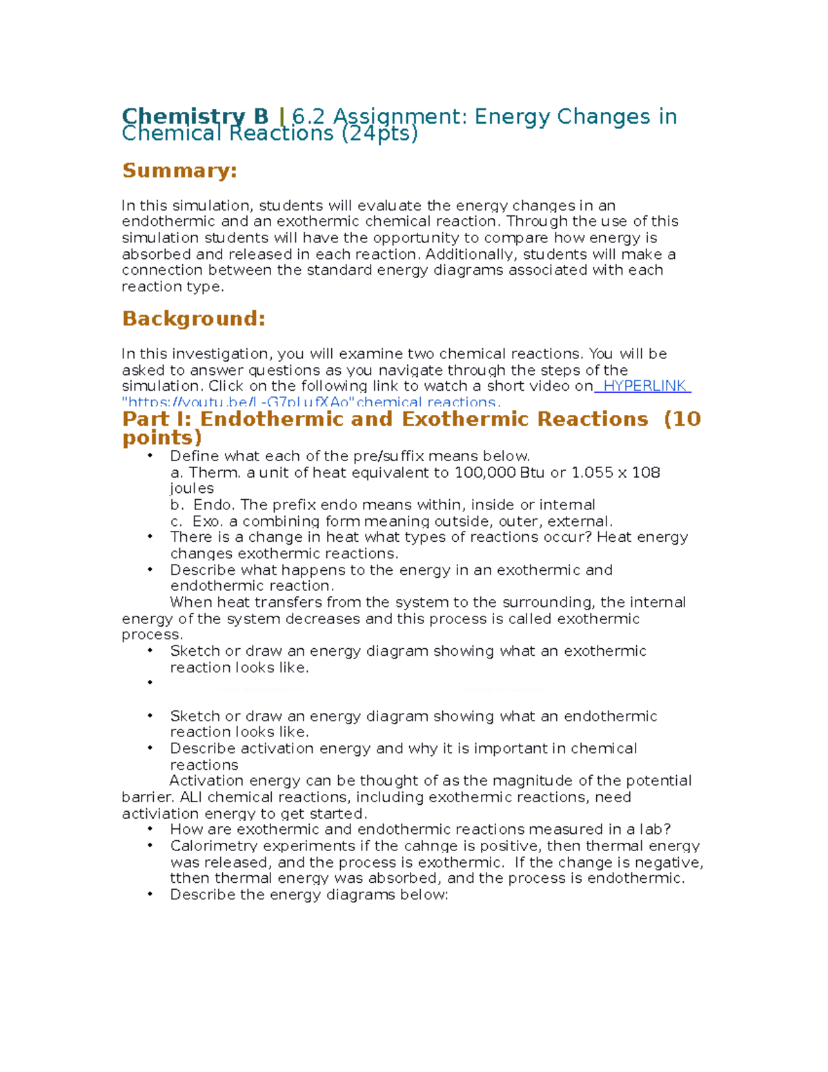 Chemistry B 6.2 Assignment Energy Changes in Chemical Reactions- Ahsan ...