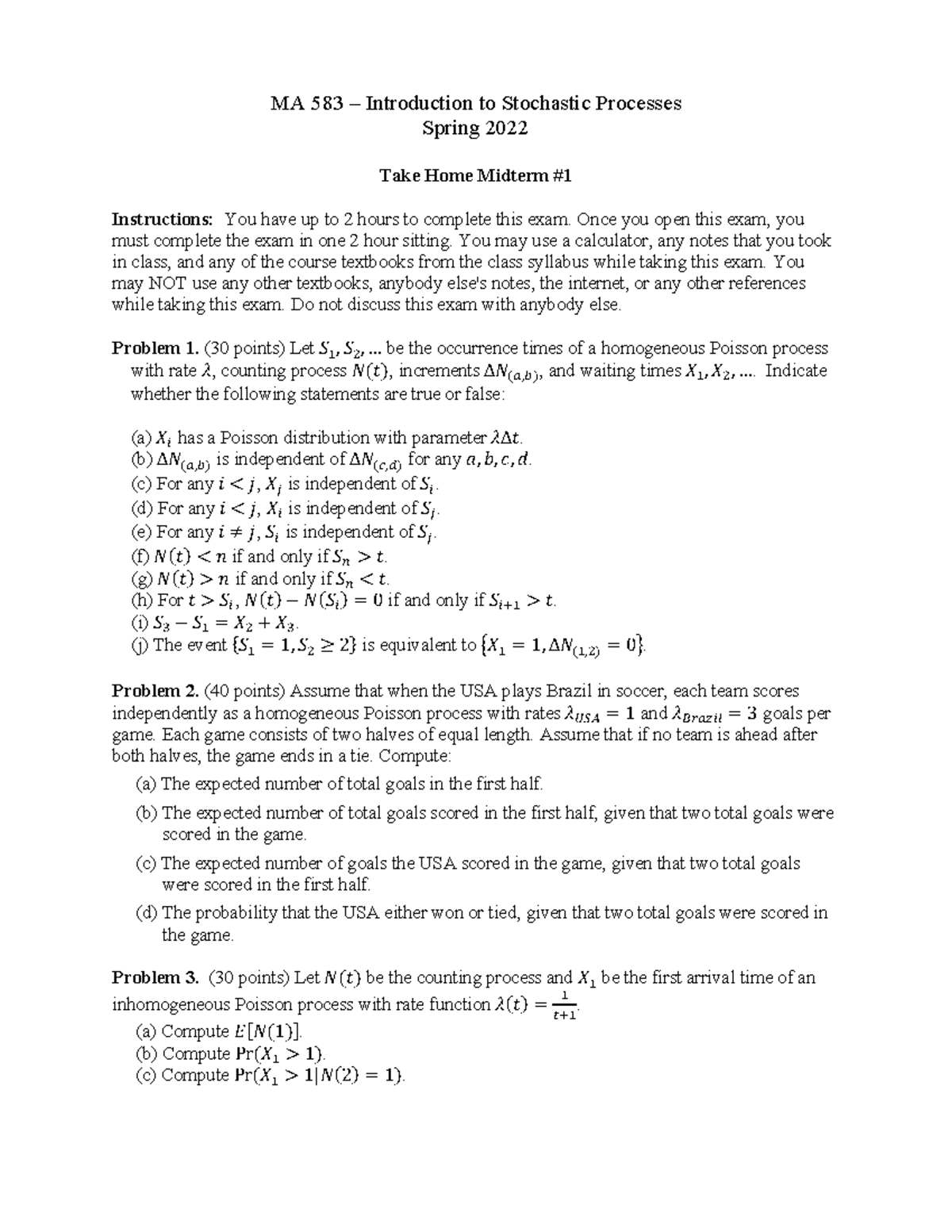 Midterm 1 2022 - MA 583 – Introduction to Stochastic Processes Spring ...