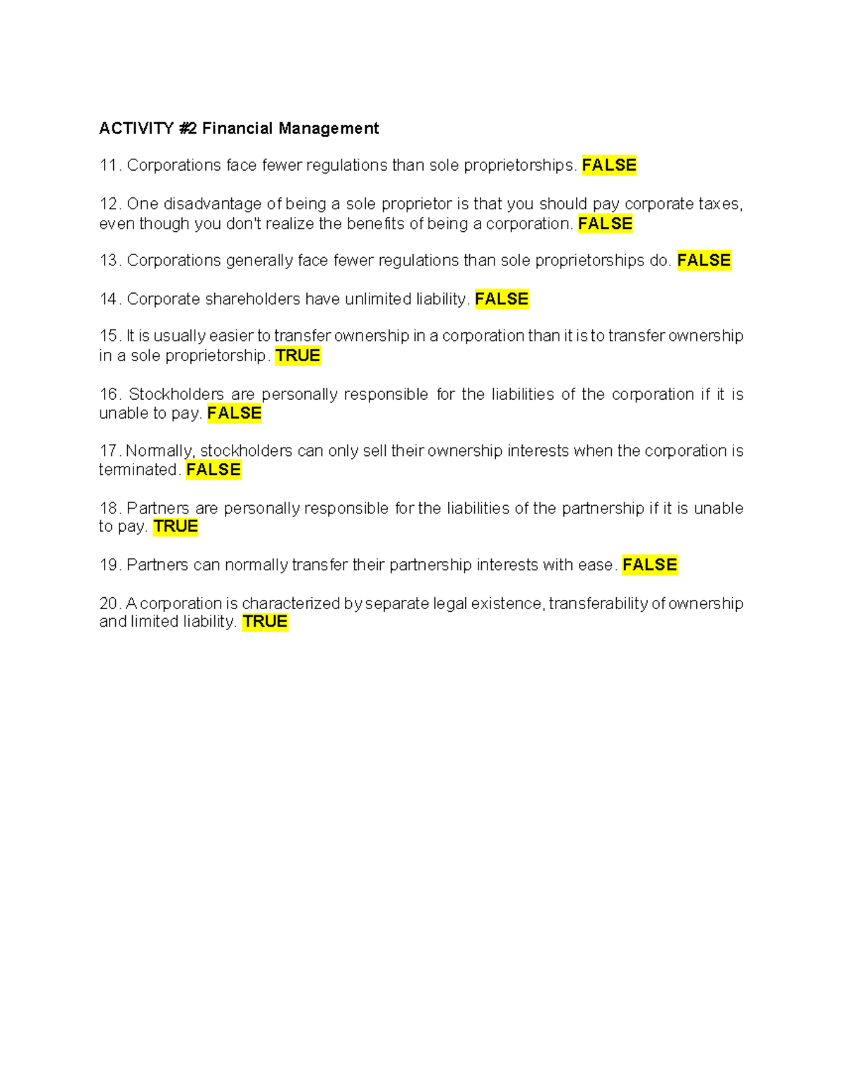 Activity 2 Financial Management - ACTIVITY #2 Financial Management ...