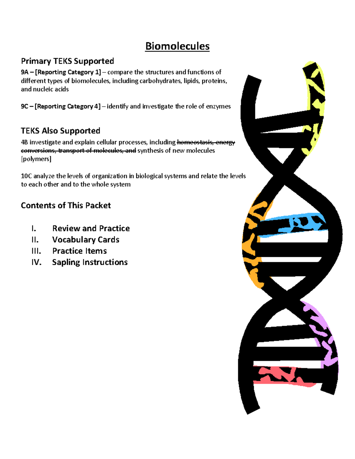 Biomolecules Guide - work - Biomolecules Primary TEKS Supported 9A ...
