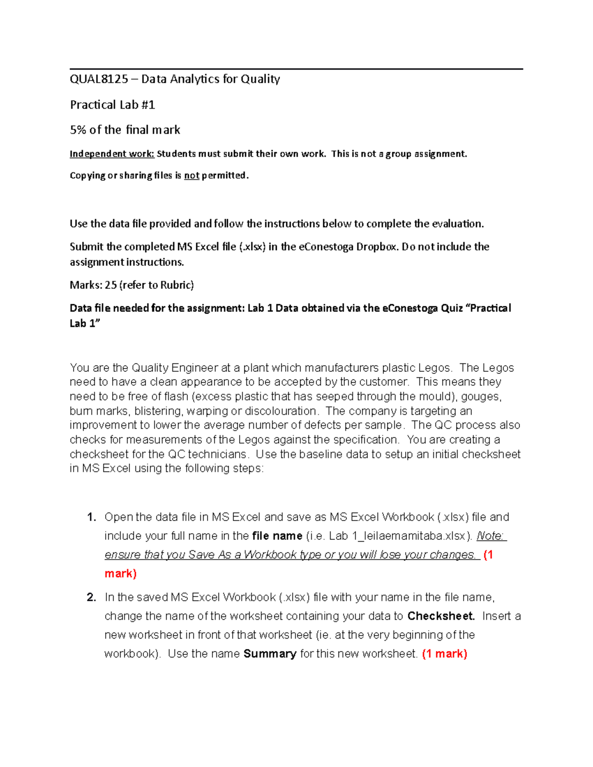 Practical Lab 1 Instructions with Marking - QUAL8125 Data Analytics for ...