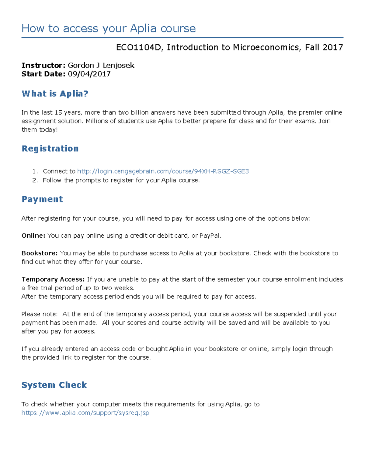 Aplia - Student Registration Instructions - How to access your Aplia ...