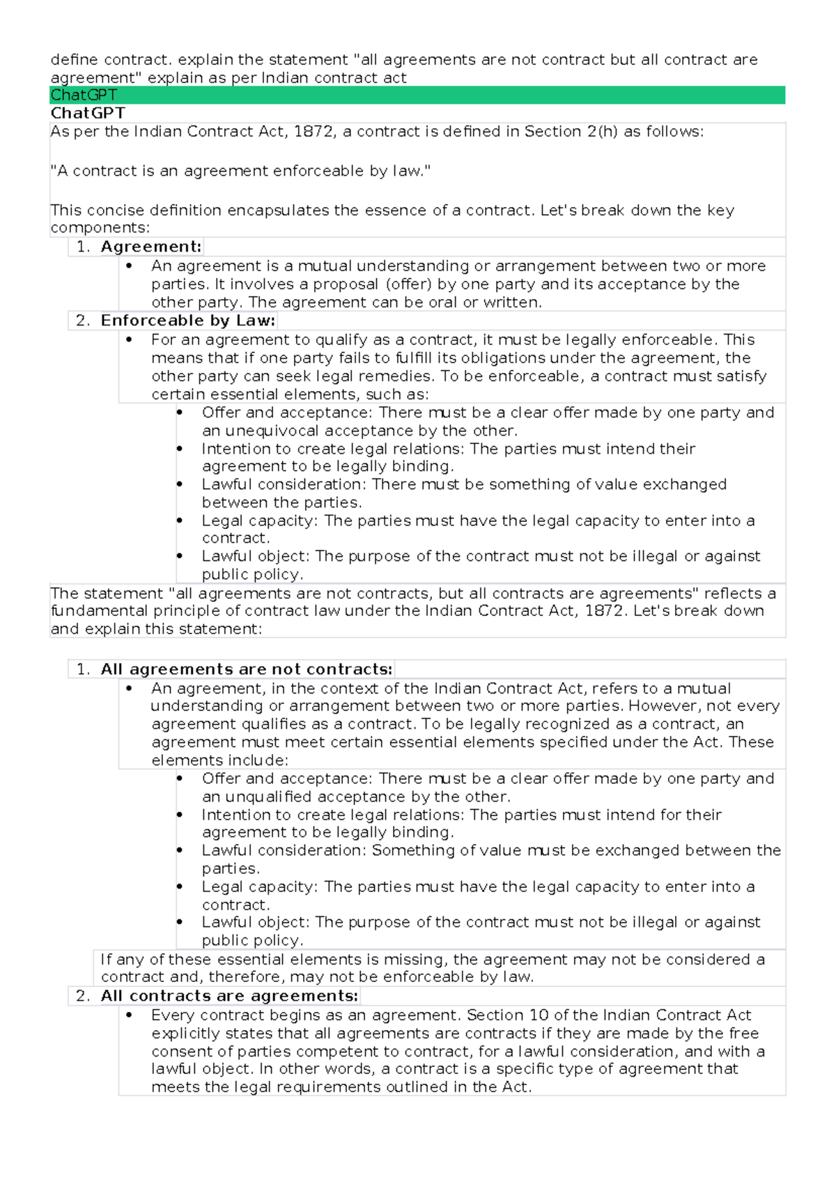 Contract act - Good - define contract. explain the statement "all ...