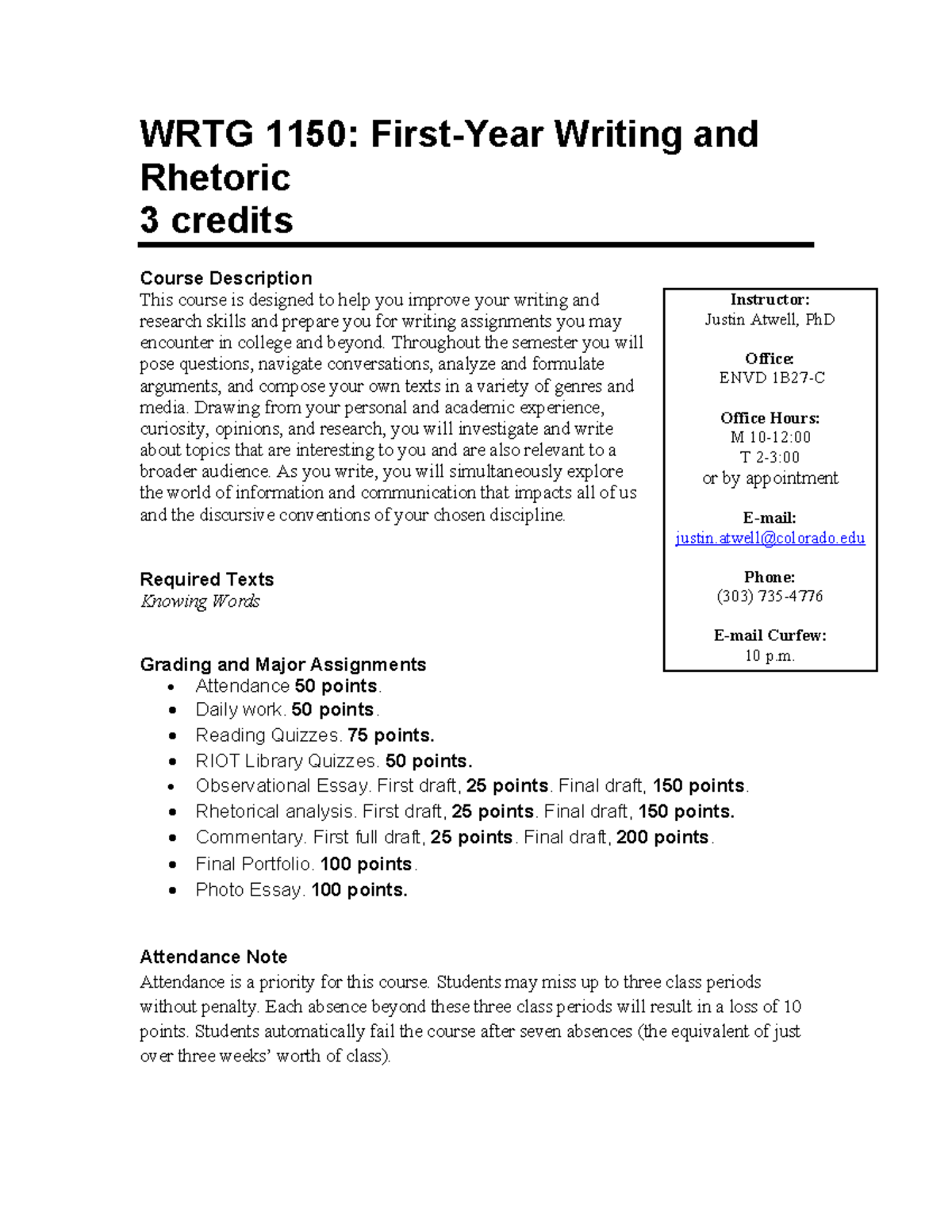 Spring Syllabus - WRTG 1150: First-Year Writing and Rhetoric 3 credits ...