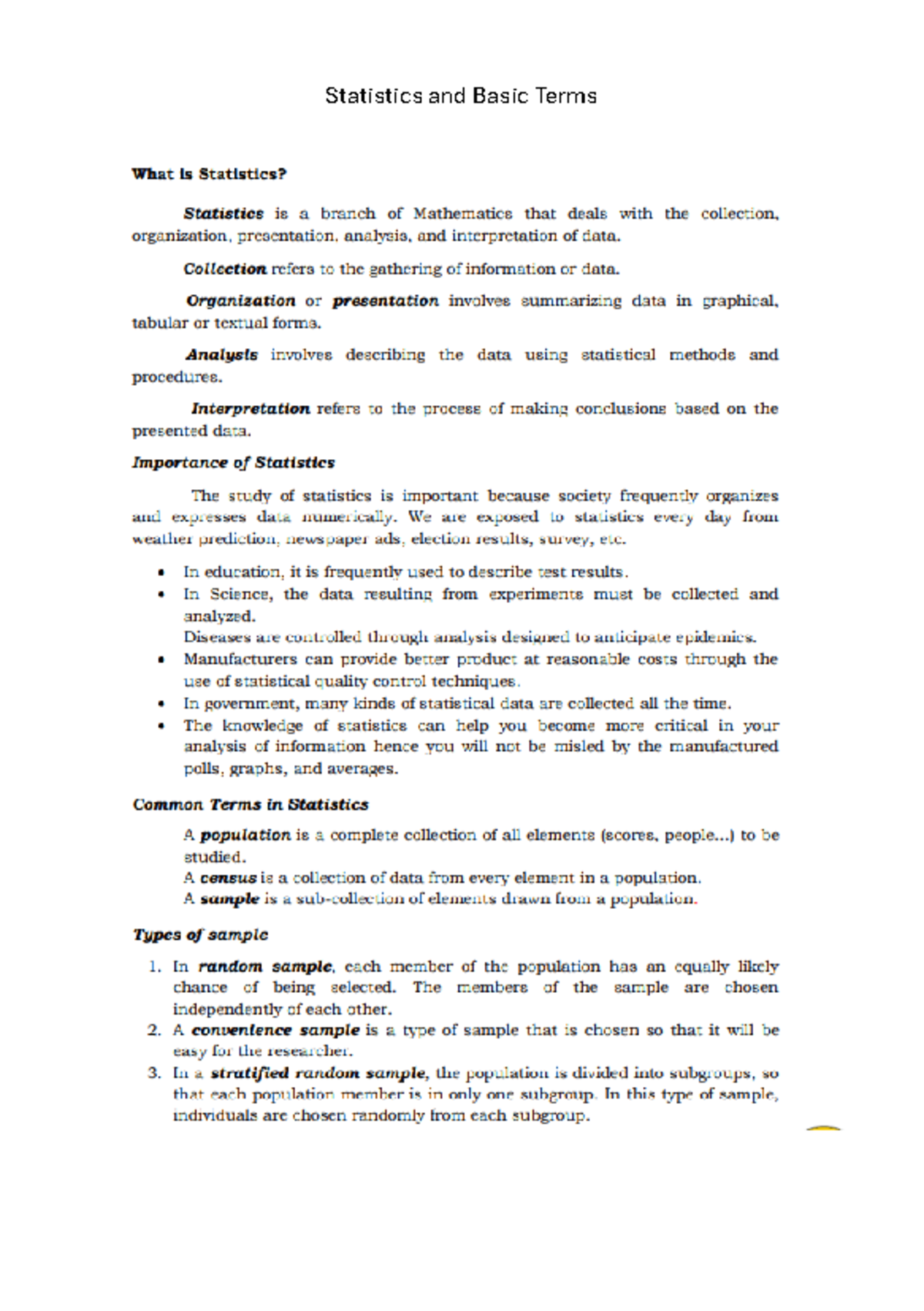 Statistics and Basic Terms - Grade 7 math - Studocu