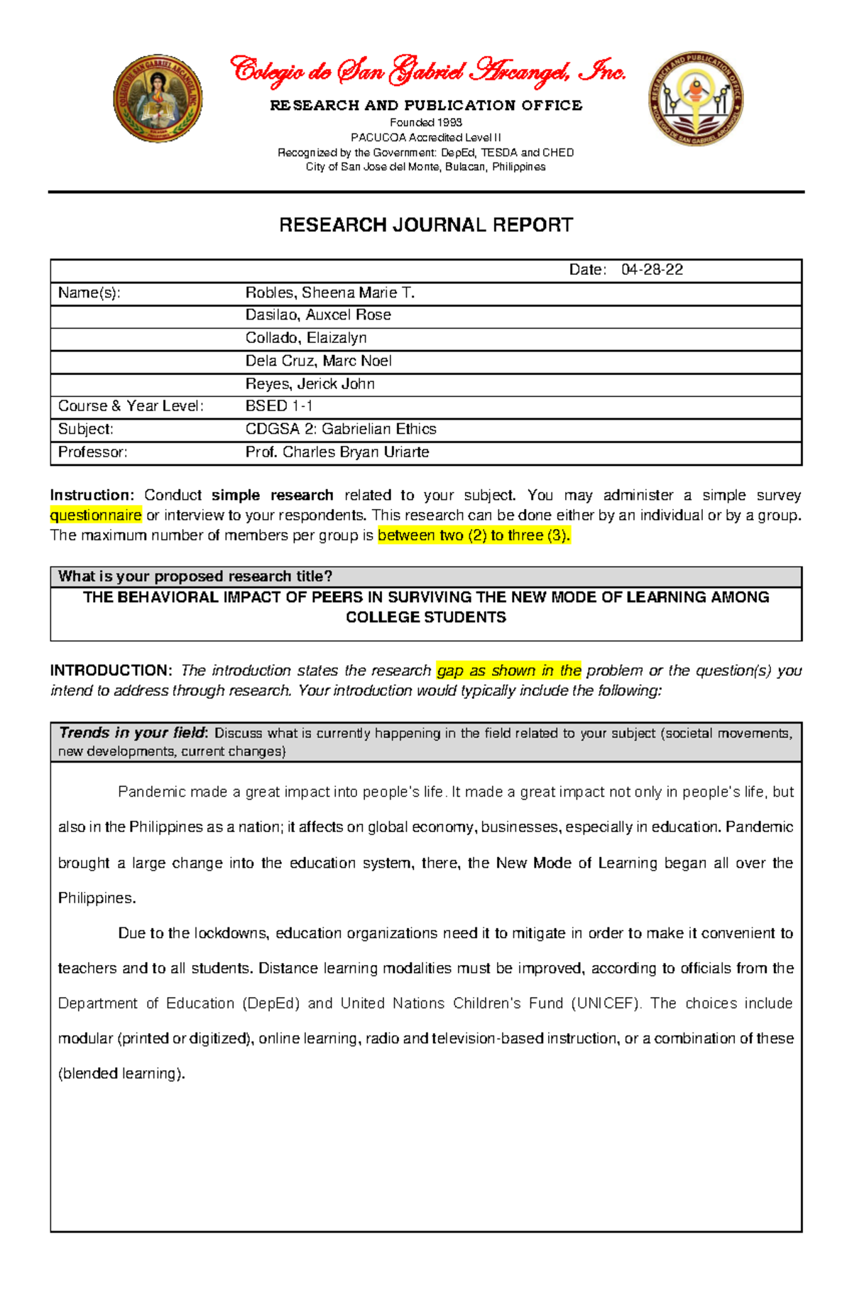 BSED1-1 Robles, Sheena Marie T Simple Research Cdsga 2 Finals - Colegio ...