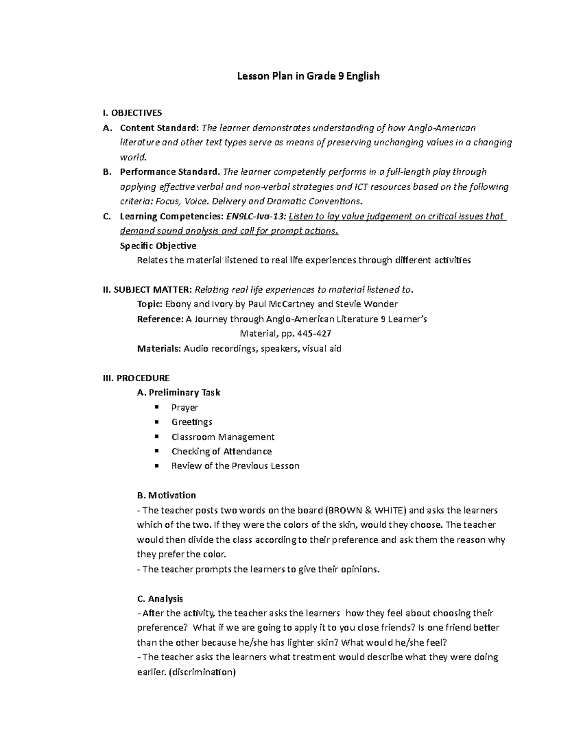 English 9 Lesson Plan Ebony and Ivory - Lesson Plan in Grade 9 English ...