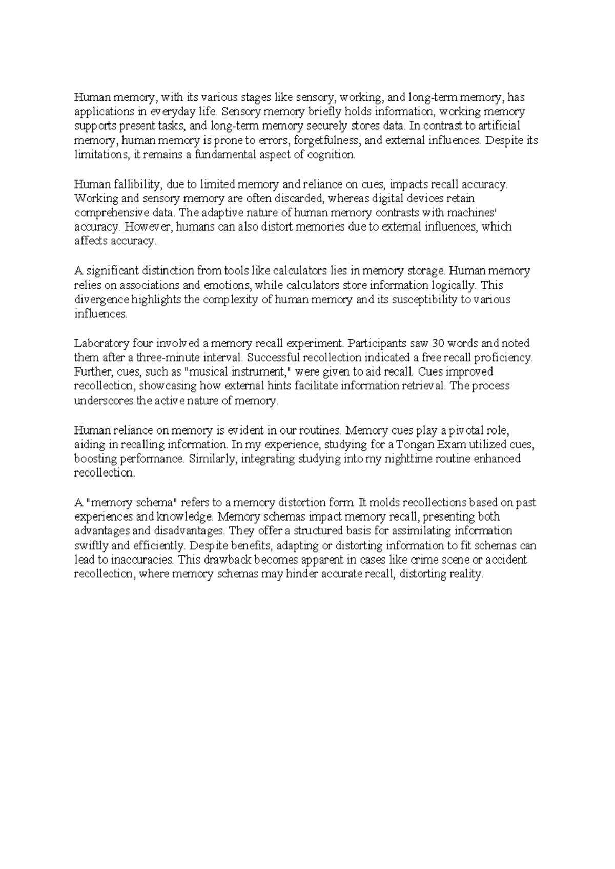 Memory Laboratory Report - Human memory, with its various stages like ...