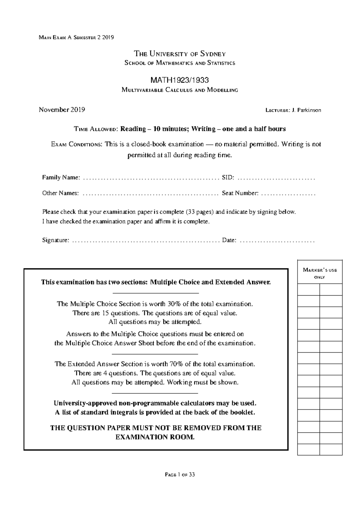 2019 - Practice Exam - Main Exam A Semester 2 2019 The University of ...