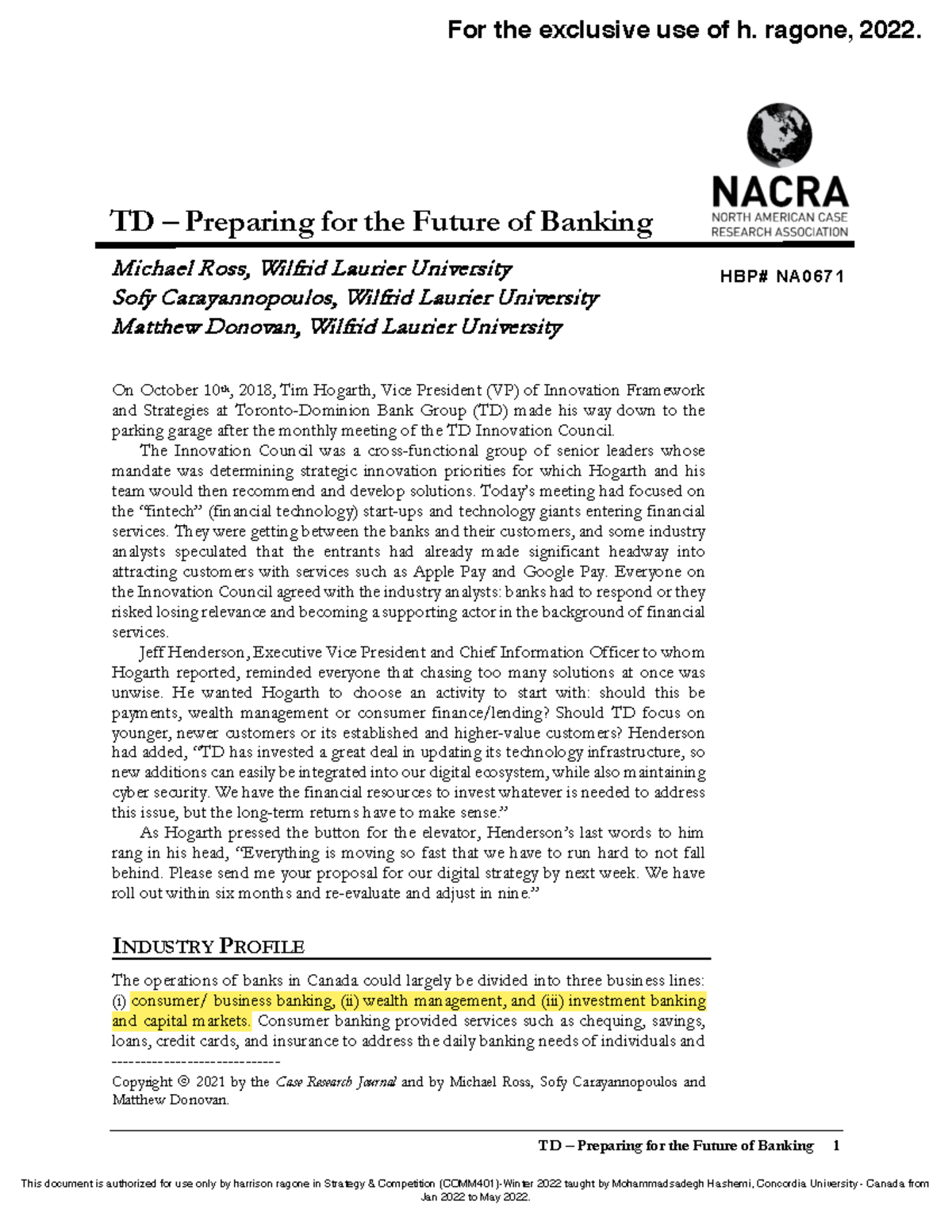 TD CASE - For HBR Assignment - HBP# NA TD – Preparing for the Future of ...