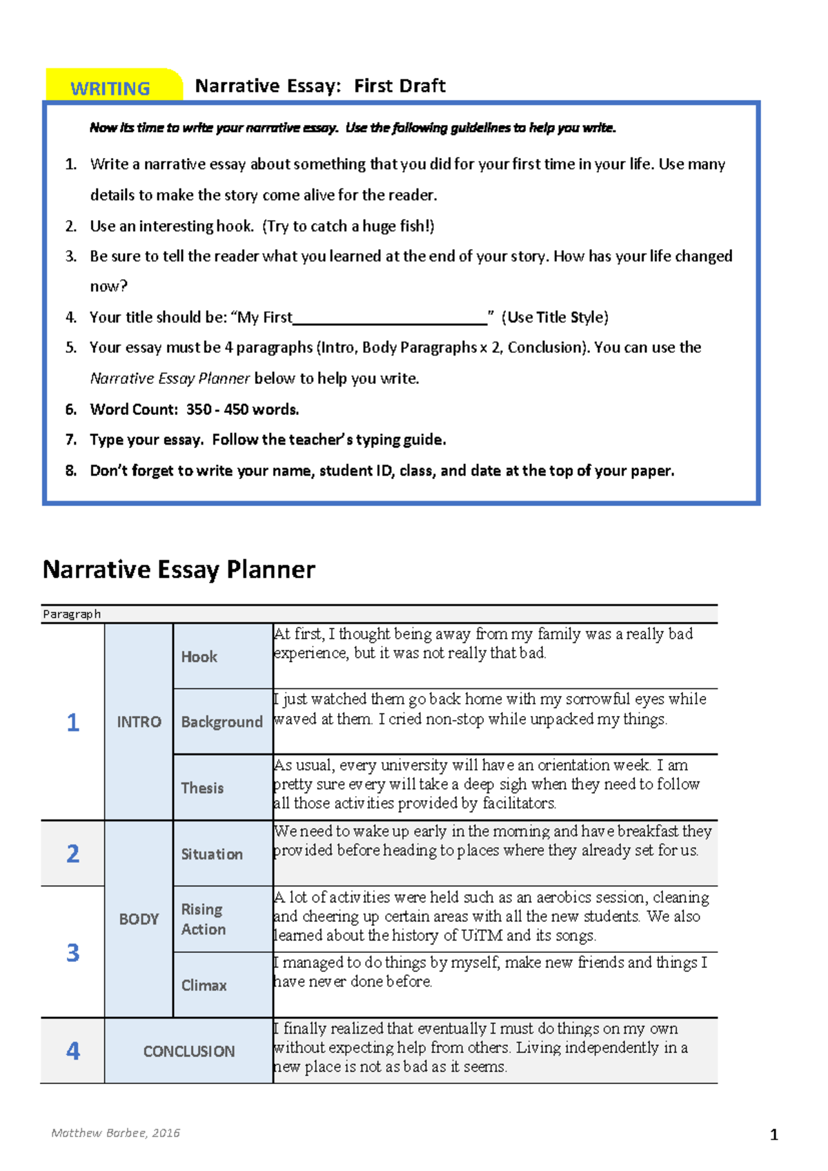 Narrartive Essay Worksheet - Matthew Barbee, 2016 1 Narrative Essay ...