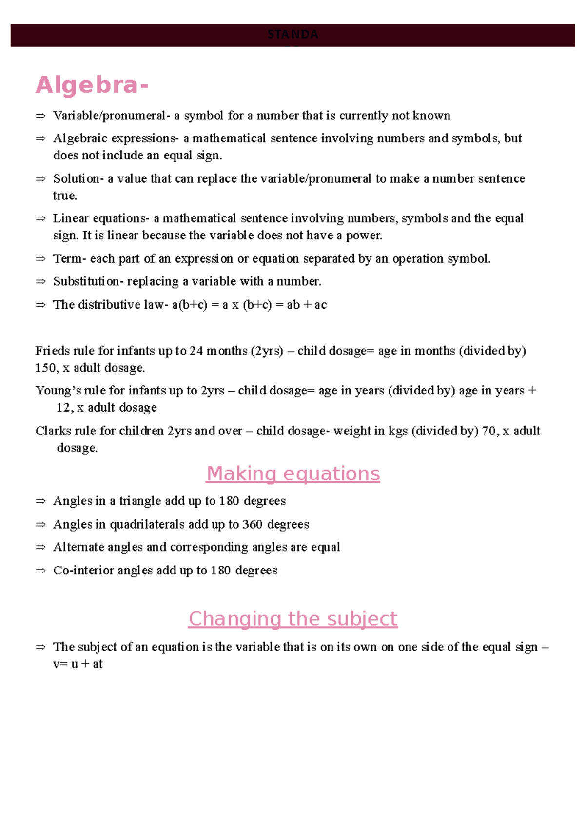 Revision Notes (Sara Bassal) - Algebra- Variable/pronumeral- a symbol ...