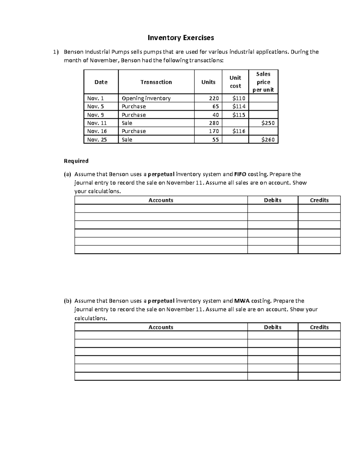 Inventory Exercises - Inventory Exercises Benson Industrial Pumps sells ...