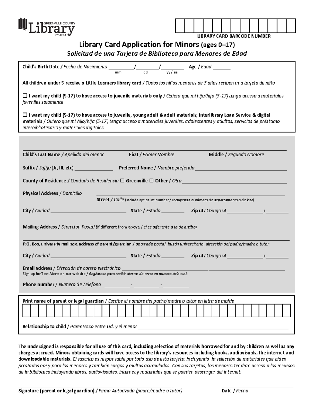 Library card application for minors - LIBRARY CARD BARCODE NUMBER ...
