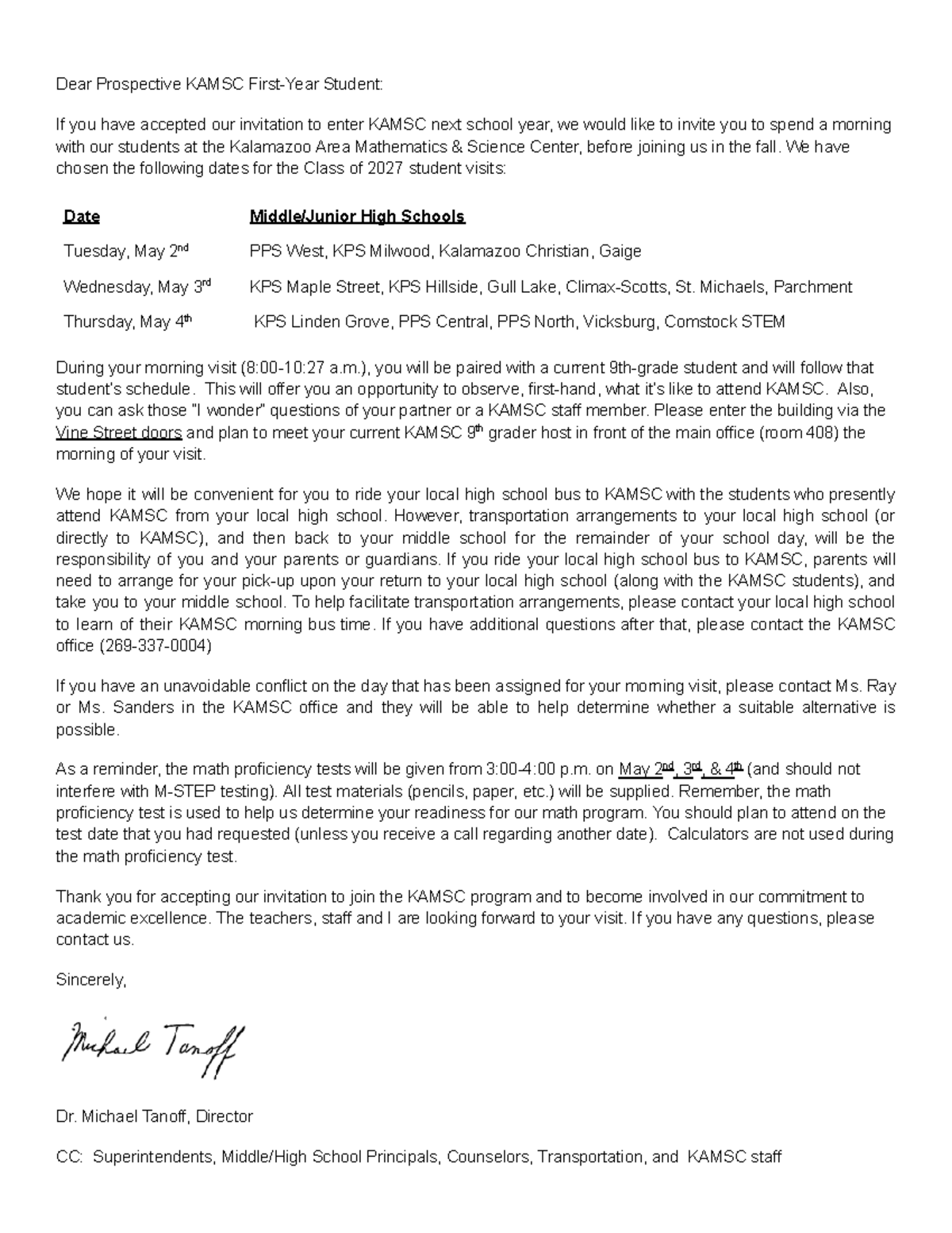 8th Grade Visit Letter 2023 - Dear Prospective KAMSC First-Year Student ...