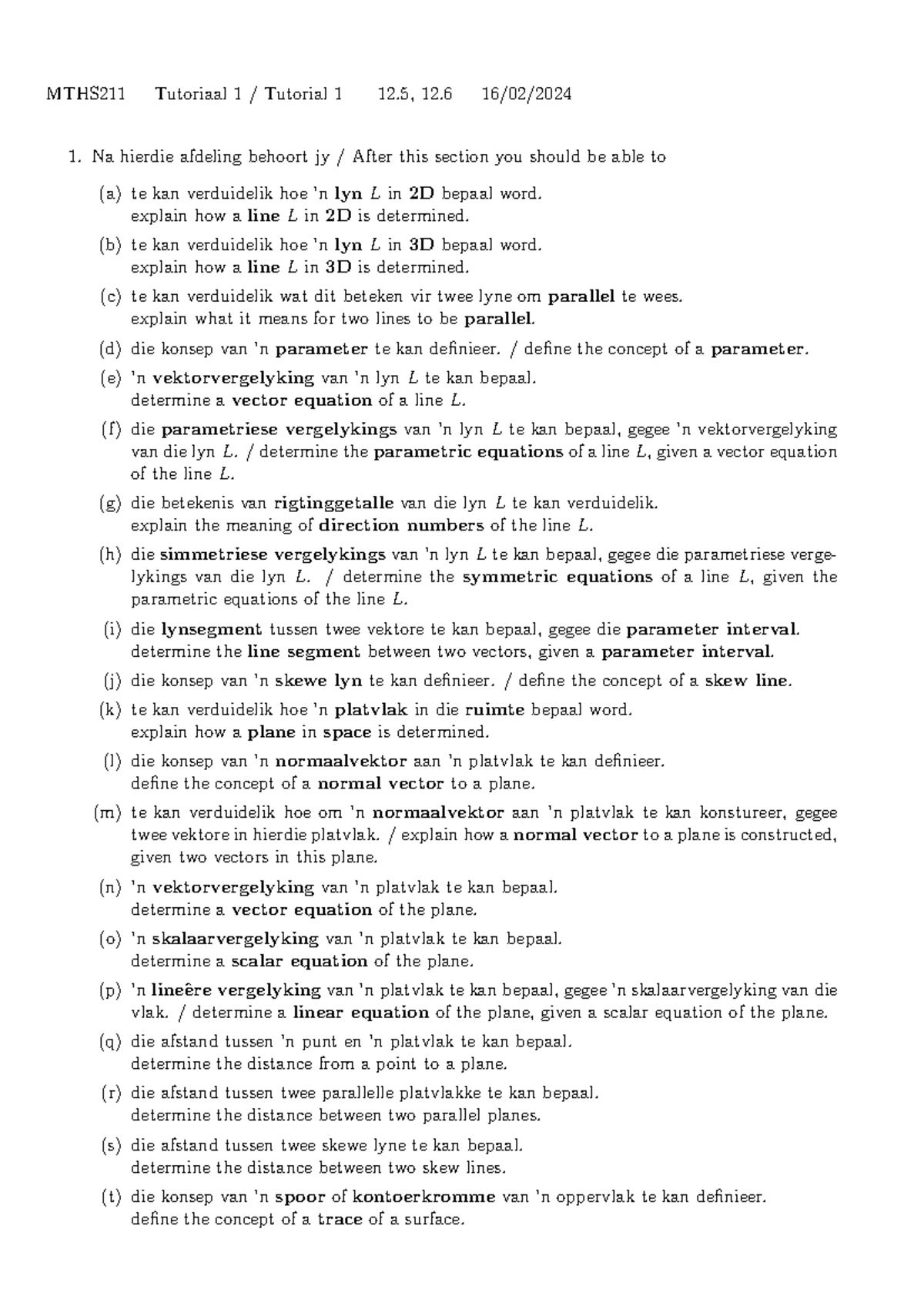 MTHS211 tutoriaal 1 2024 - MTHS211 Tutoriaal 1 / Tutorial 1 12, 12 16 ...