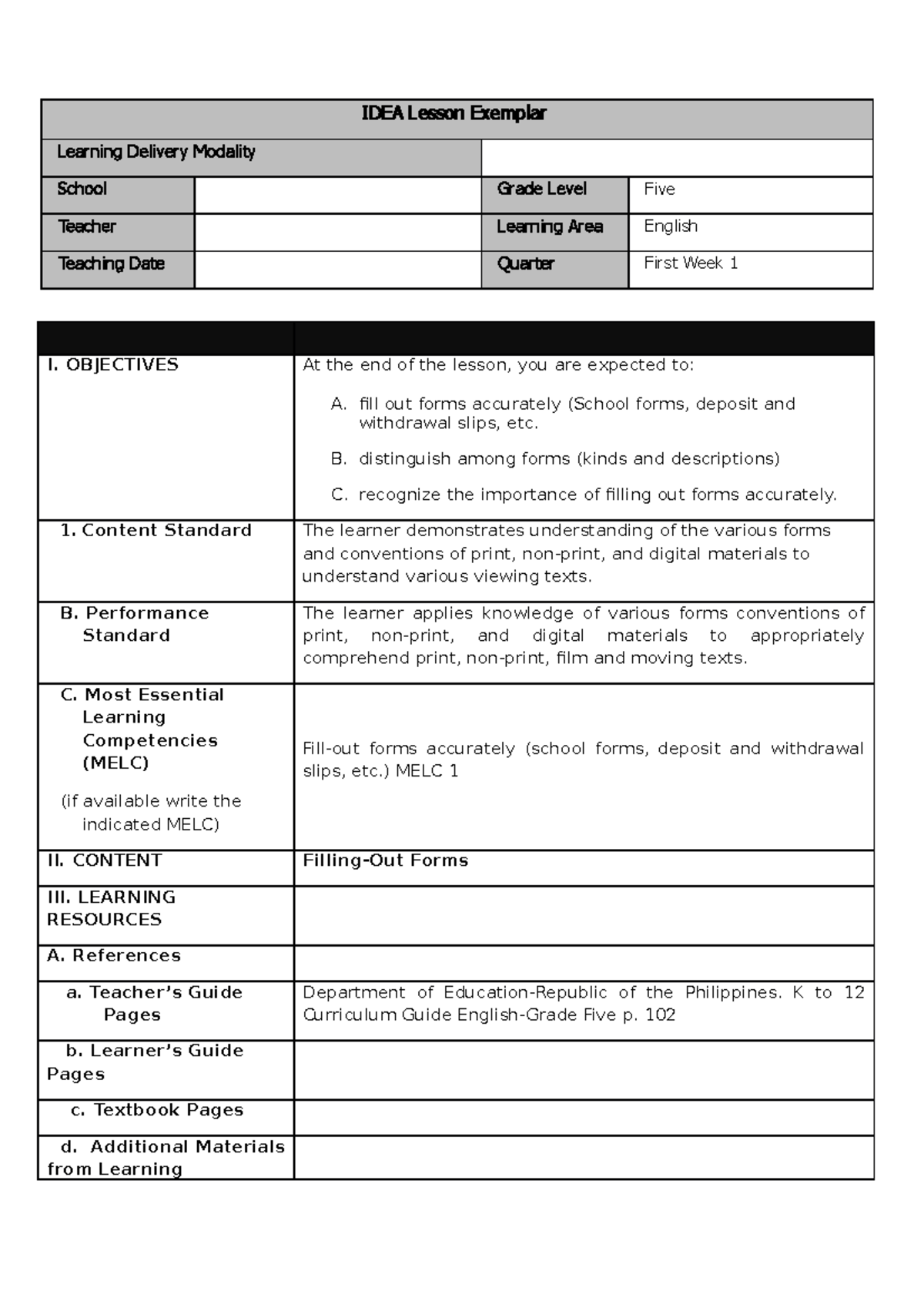 English 5 IDEA LE Q1 WEEK 1 - IDEA Lesson Exemplar Learning Delivery ...