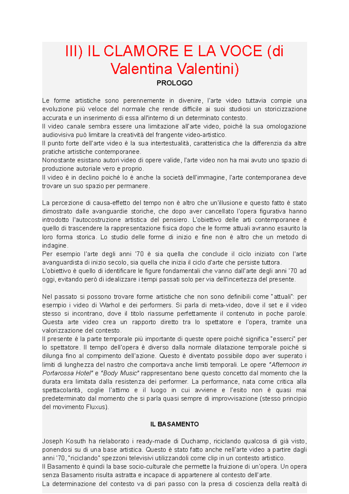 3) IL CLAMORE E LA VOCE (di Valentina Valentini) - III) IL CLAMORE E LA VOCE (di Valentina - Studocu