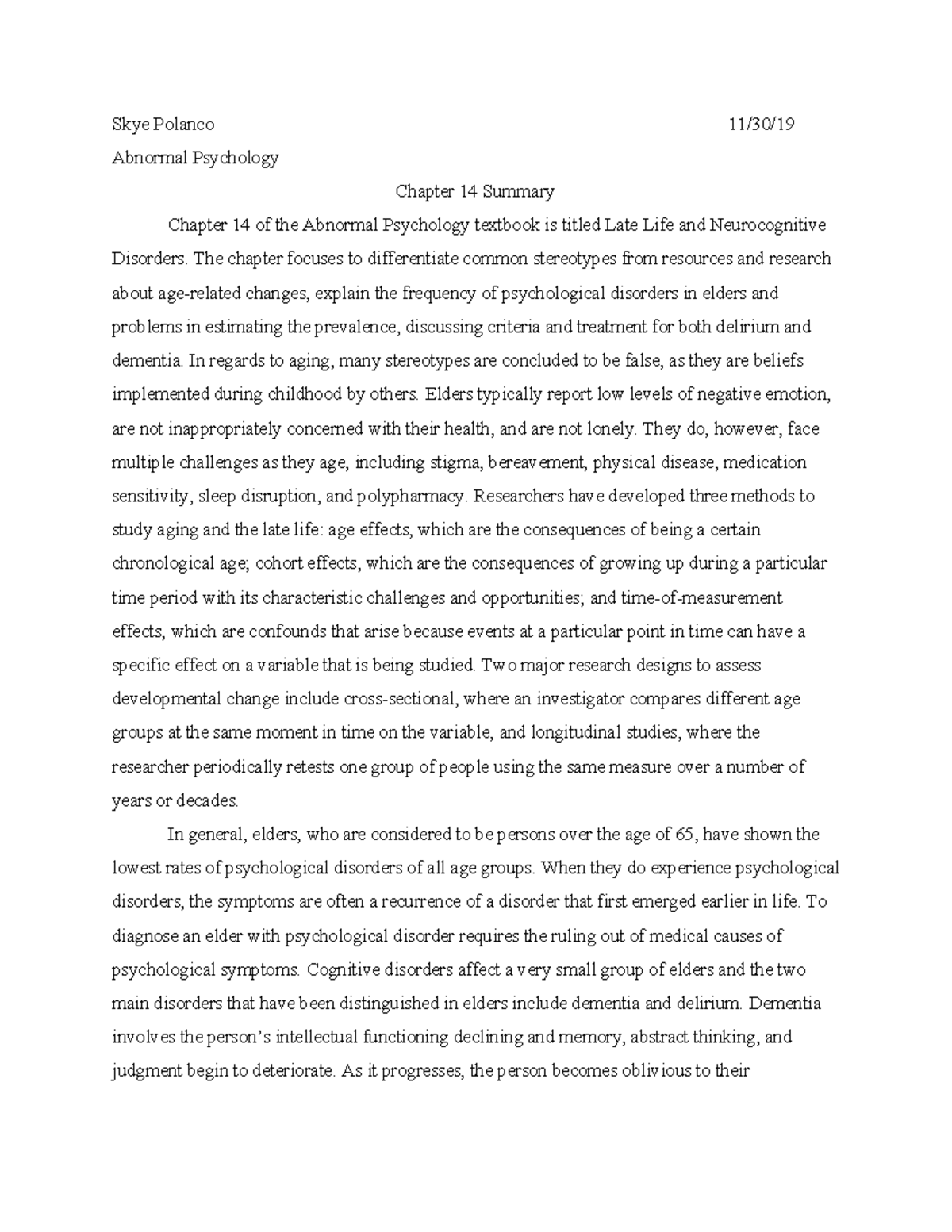 AP Chapter 14 Summary - Skye Polanco 11/30/ Abnormal Psychology Chapter ...