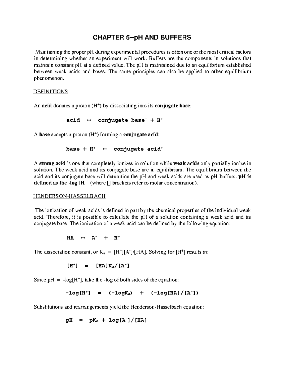 Chapter 5-p H AND Buffers - CHAPTER 5-pH AND BUFFERS Maintaining the ...