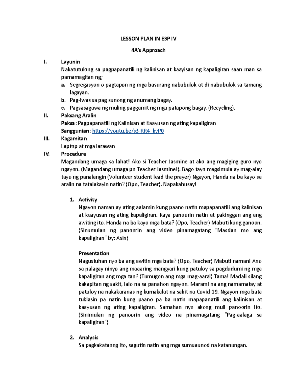 PED 103 Lesson PLAN IN ESP - LESSON PLAN IN ESP IV 4A’s Approach I ...