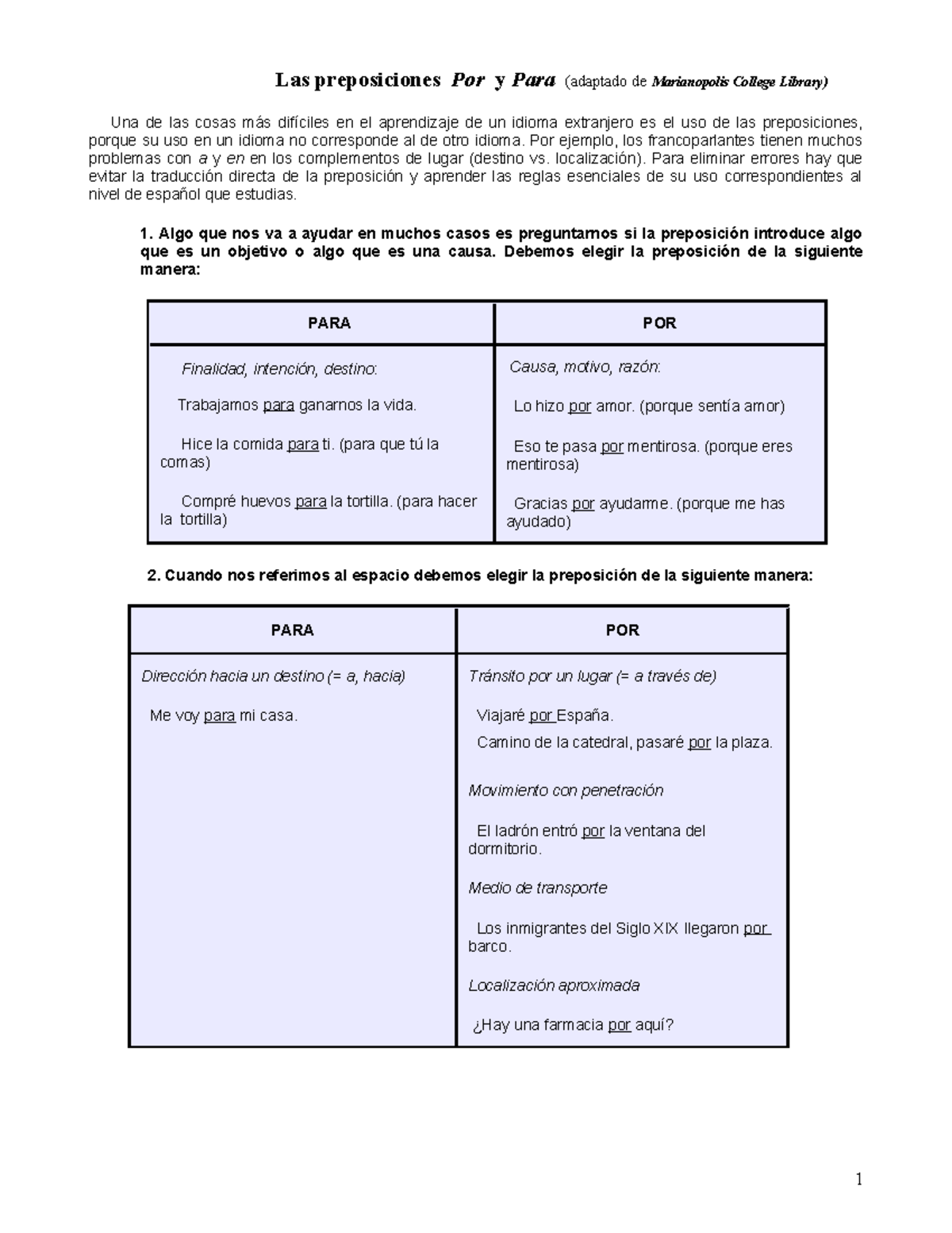 Por-para 200 - notes - Las preposiciones Por y Para (adaptado de ...