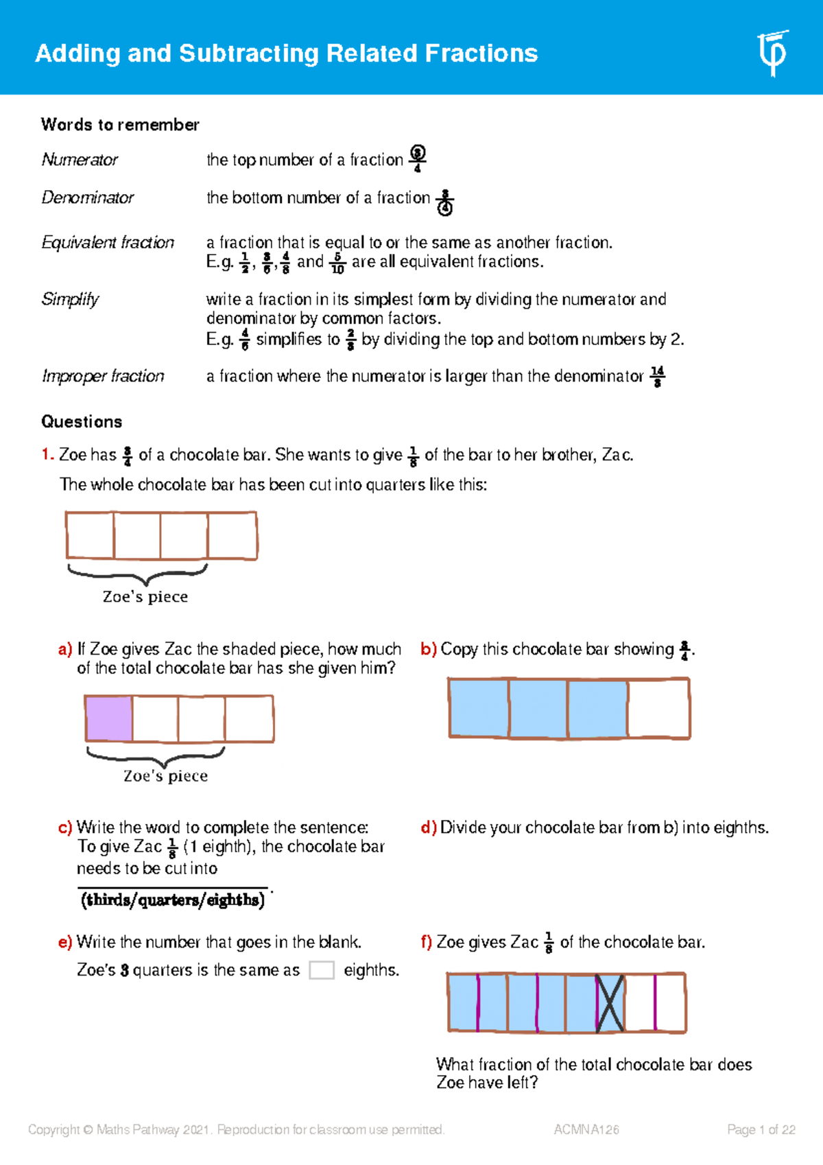 Adding and Subtracting Related Fractions - Words to remember Numerator ...