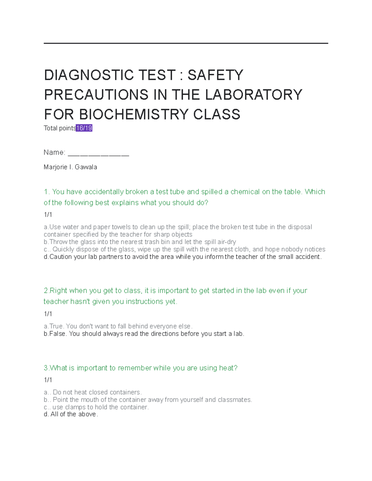 Diagnostic Test - Biochem - DIAGNOSTIC TEST : SAFETY PRECAUTIONS IN THE ...