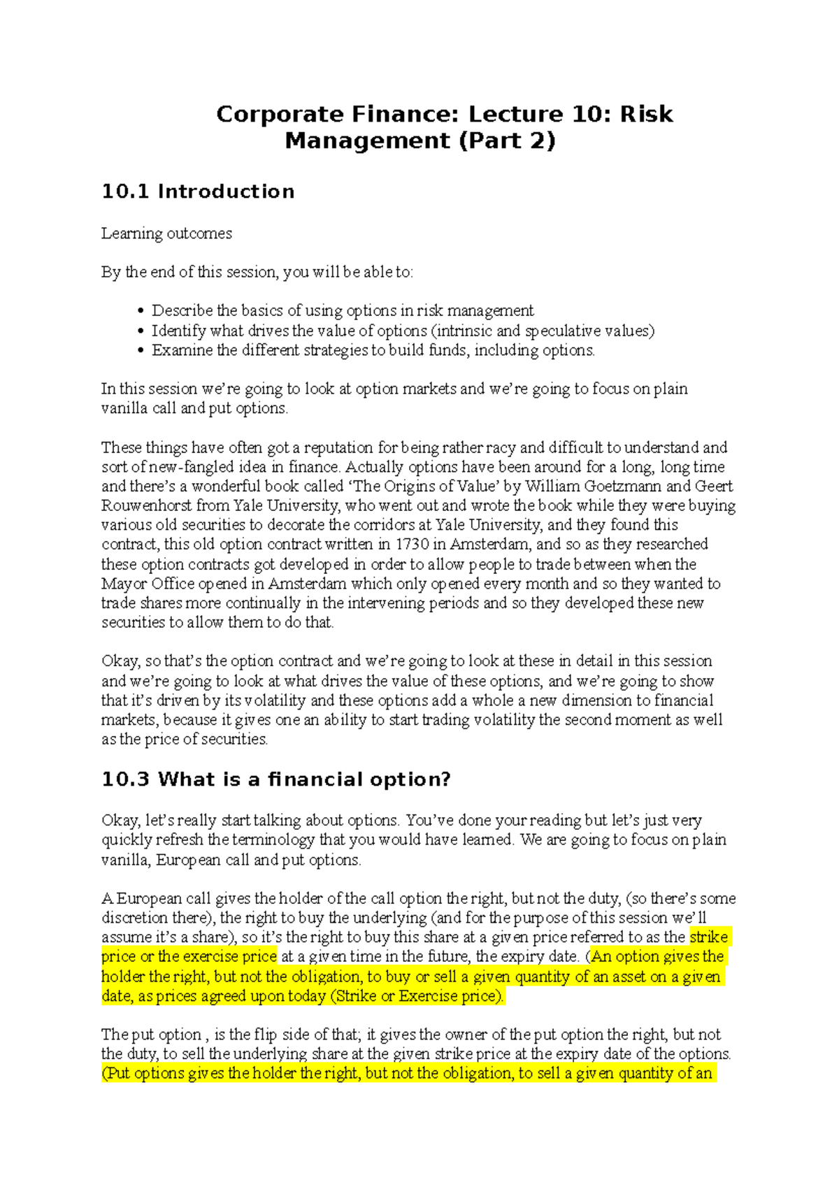 Corporate Finance- Lecture 10- Risk Management (Part 2) - In this ...