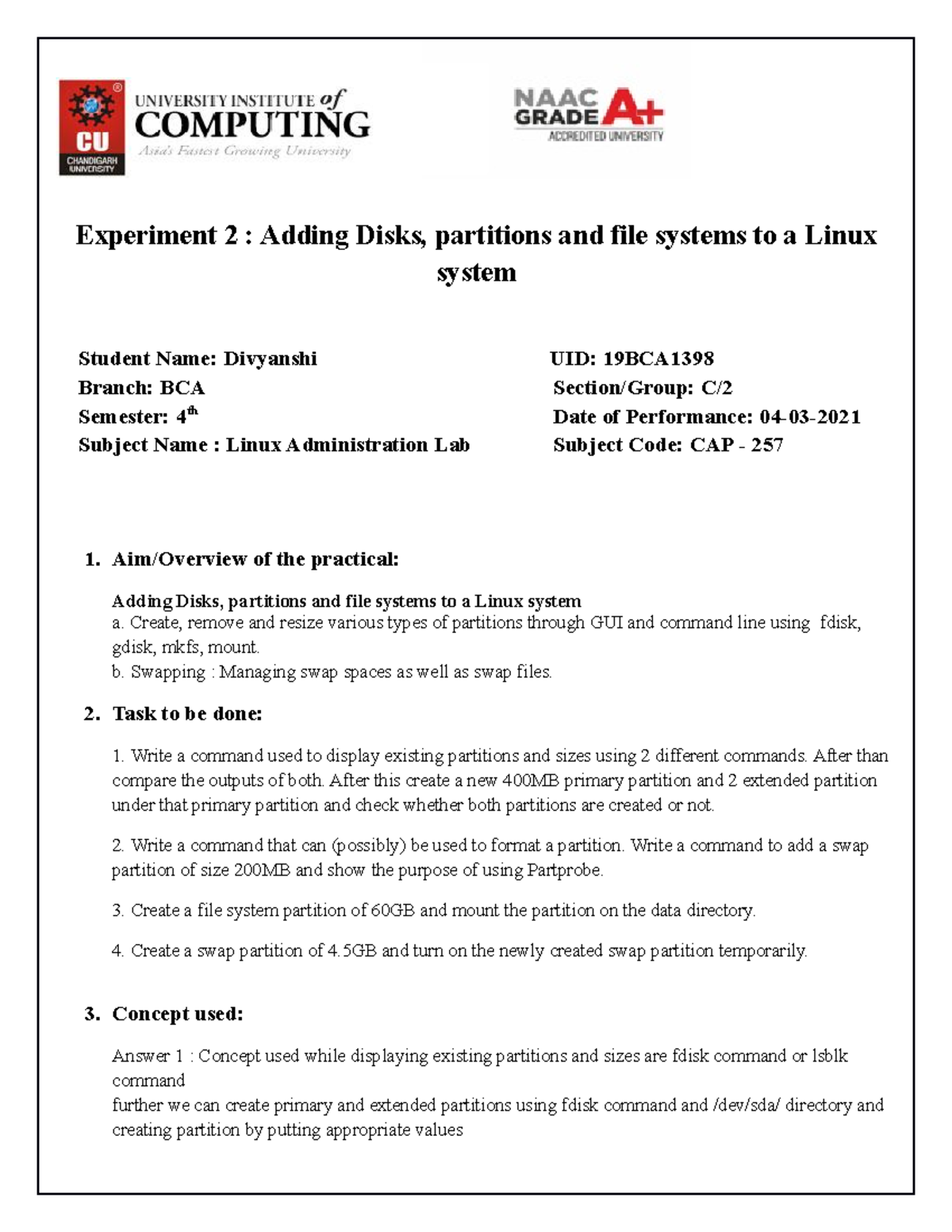 BCA 2021 Expiment-2 - Experiment 2 : Adding Disks, partitions and file systems to a Linux system ...