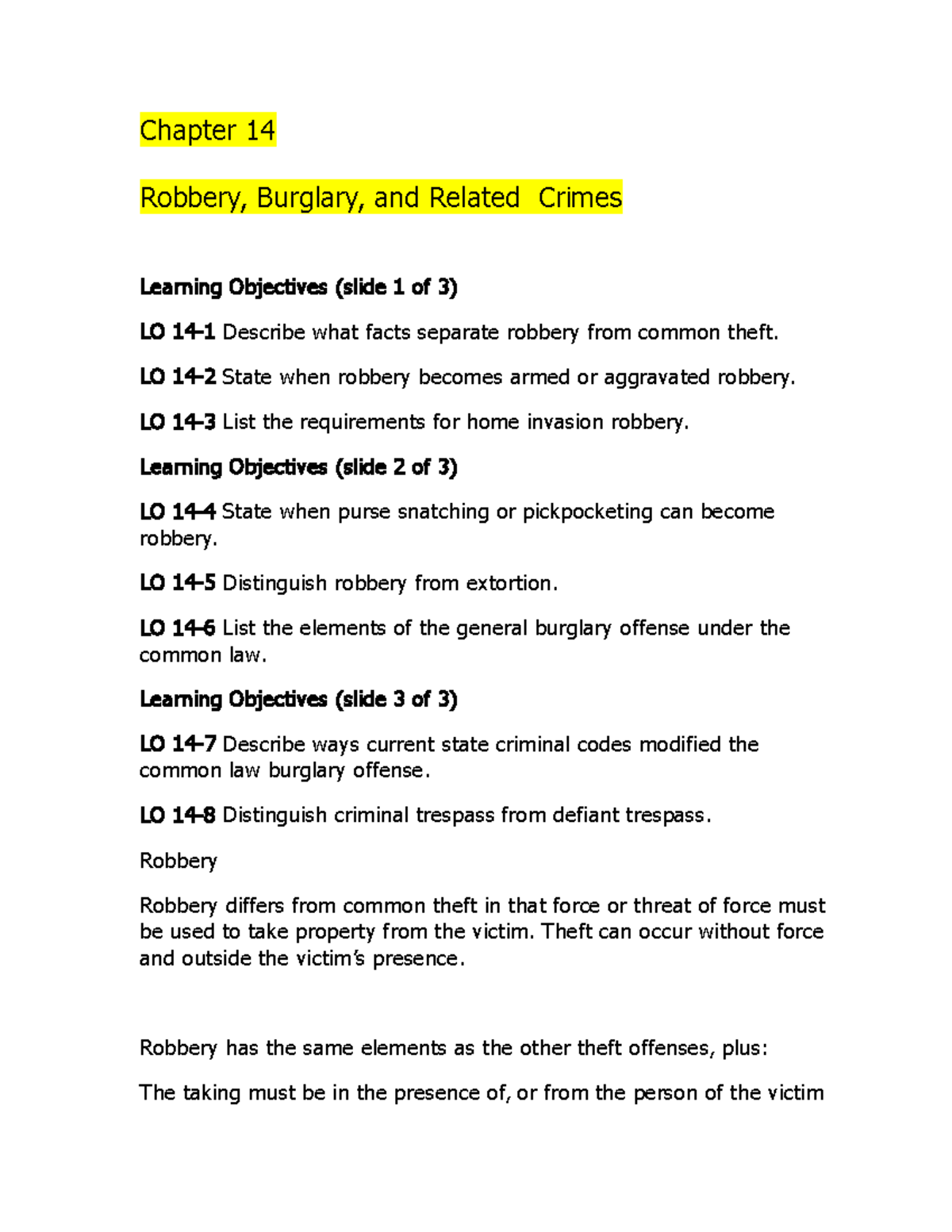 Chapter 14 - 1 Describe what facts separate robbery from common theft ...