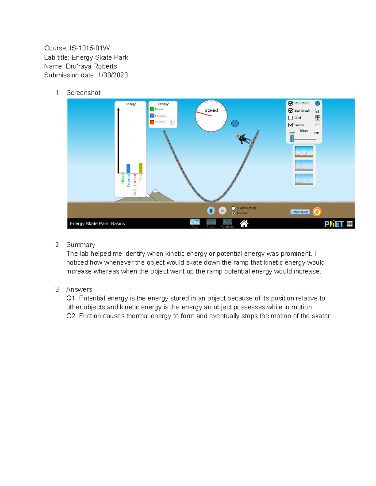 Ch3. Energy Skate Park Lab - Course: IS-1315-01W Lab title: Energy ...