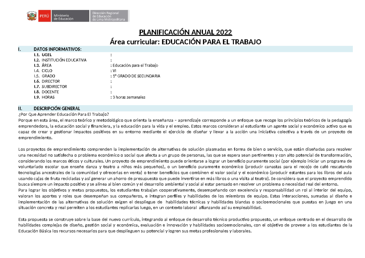 PLAN Anual 1 SEC EPT VI Ciclo - PLANIFICACIÓN ANUAL 2022 Área curricular: EDUCACIÓN PARA EL ...