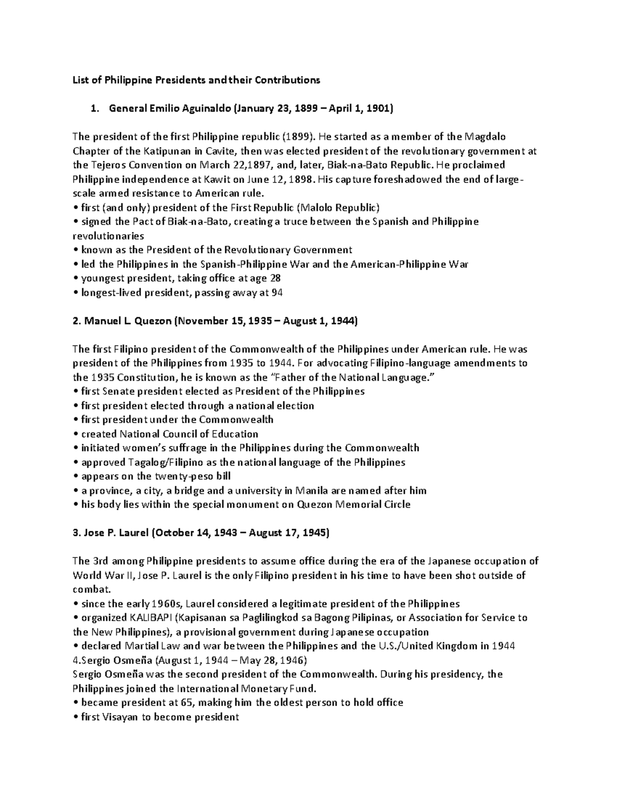List of Philippine Presidents and their Contributions - General Emilio ...