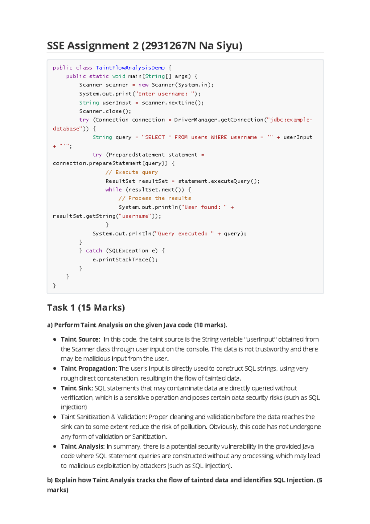 Sse assignment 2 - SSE Assignment 2 (2931267N Na Siyu) Task 1 (15 Marks ...