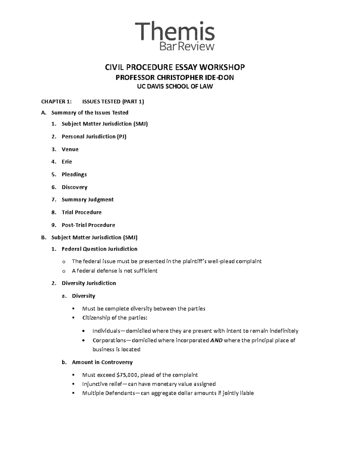 Essay Worksho-Civ Pro - Outline - CIVIL PROCEDURE ESSAY WORKSHOP ...