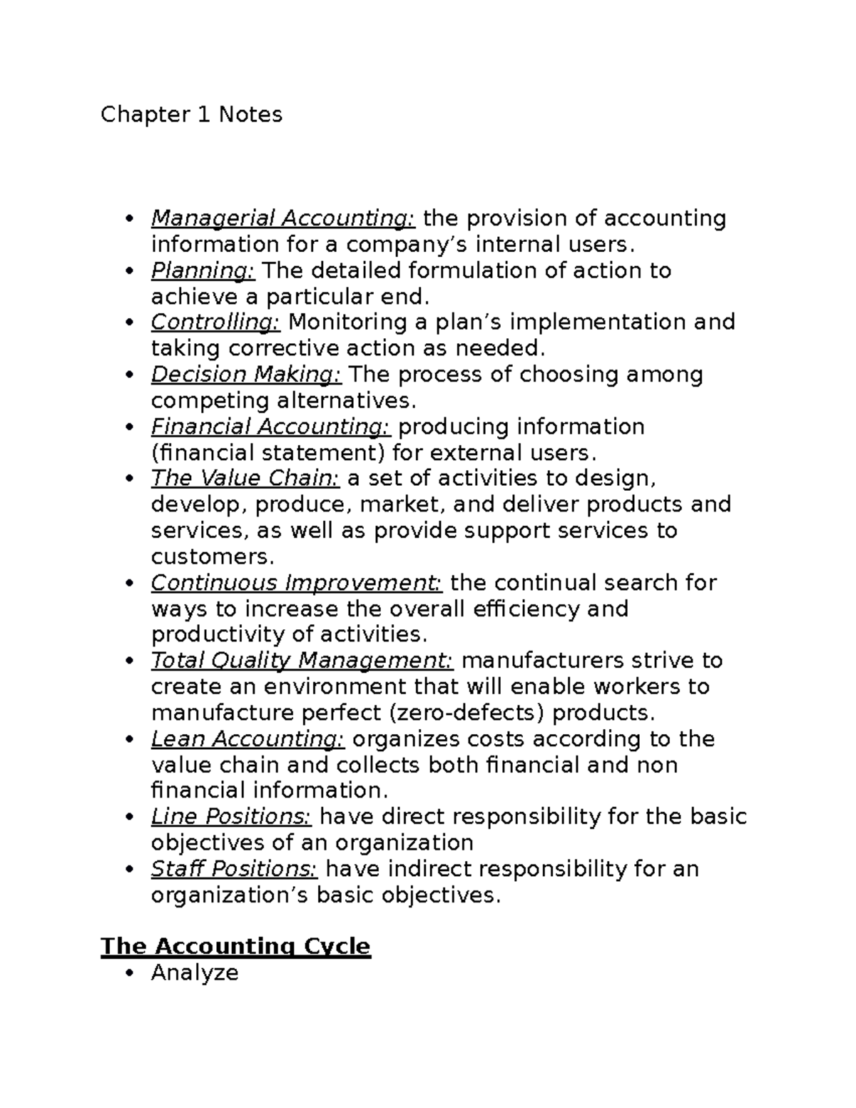 Chapter 1 Notes - Chapter 1 Notes Managerial Accounting: the provision ...