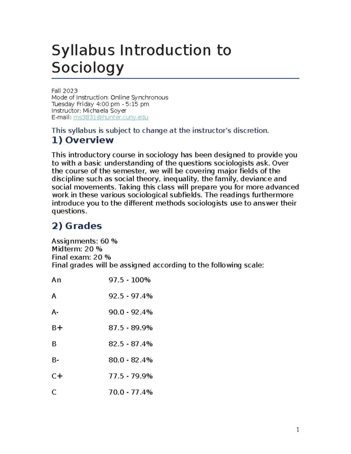 Intro synch 4.00 - sociology - Syllabus Introduction to Sociology Fall ...