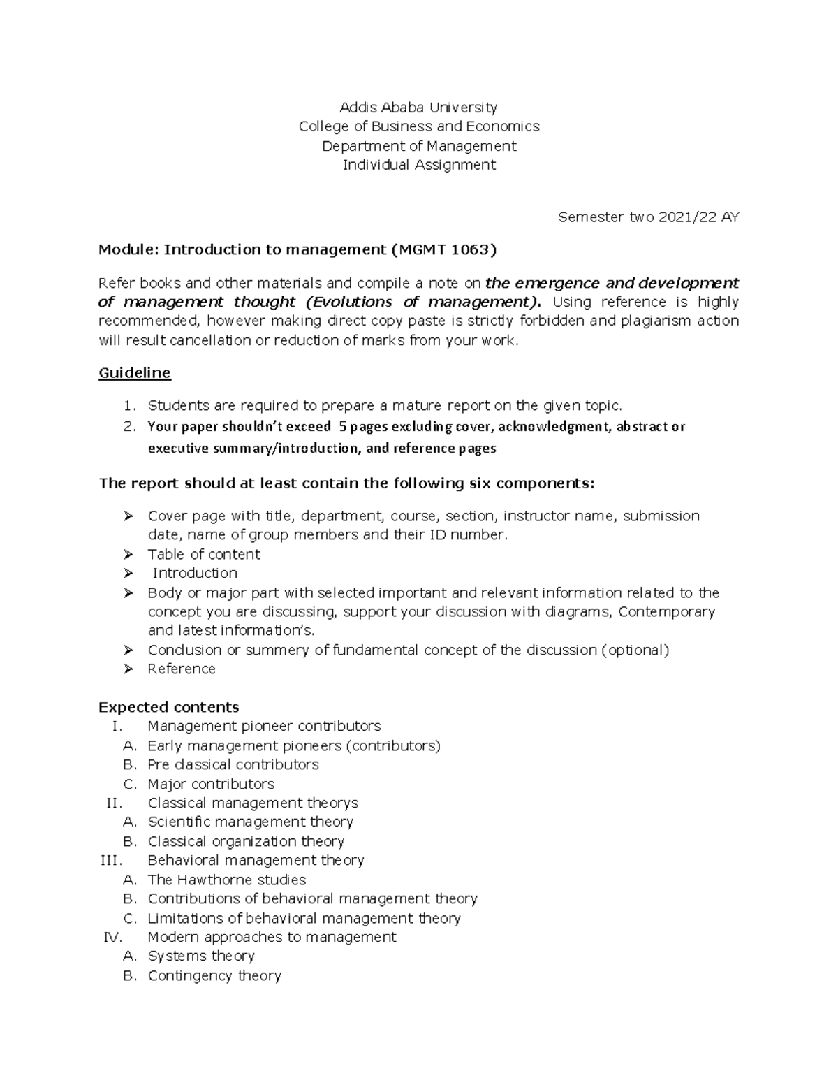 # Individual Assignment One Introduction to Management - Addis Ababa ...