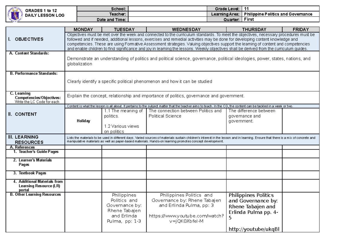 DLL-Politics Week 1 - Daily Lesson Plan - GRADES 1 to 12 DAILY LESSON ...