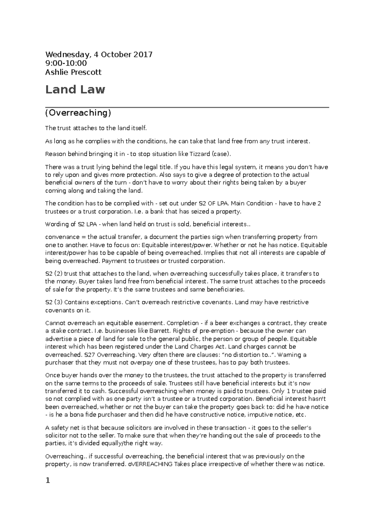 Land Law 4 Oct 9-10 - Lecture notes 3 - Wednesday, 4 October 2017 9:00 ...