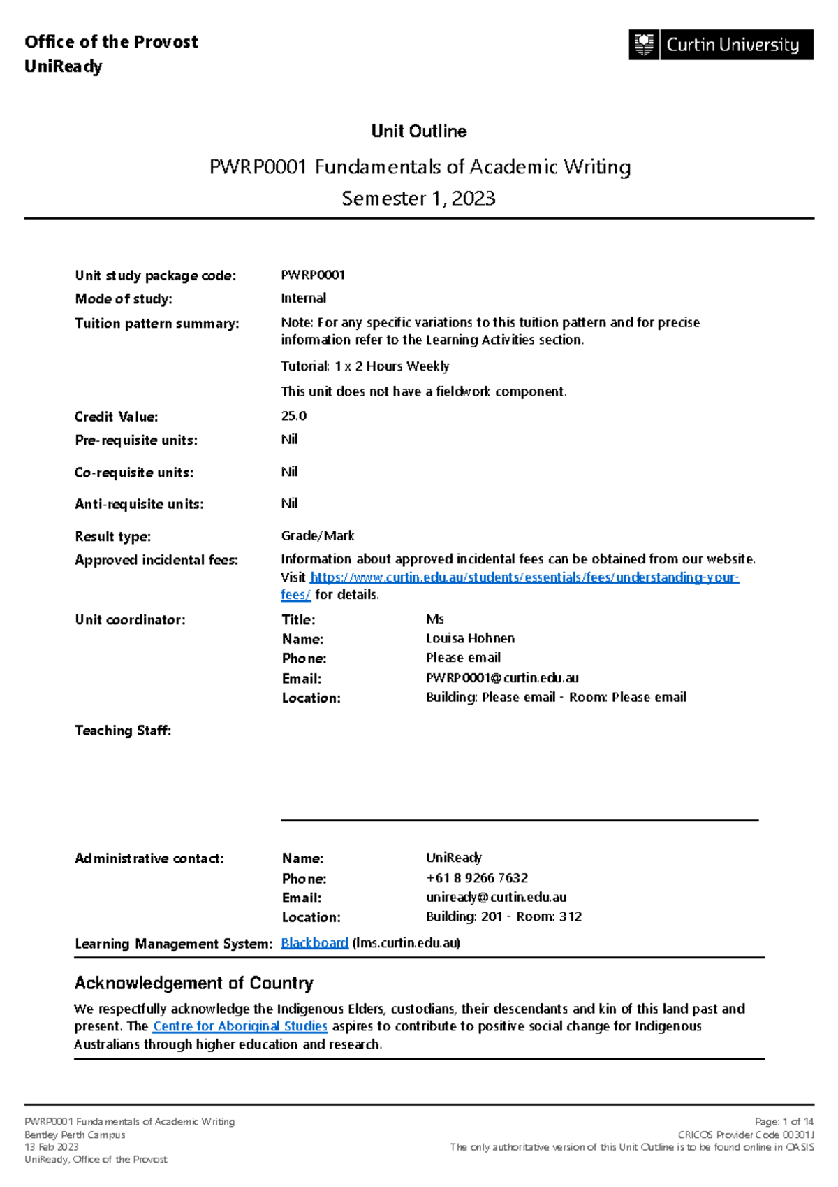 PWRP0001 Fundamentals of Academic Writing Semester 1 2023 Bentley Perth ...