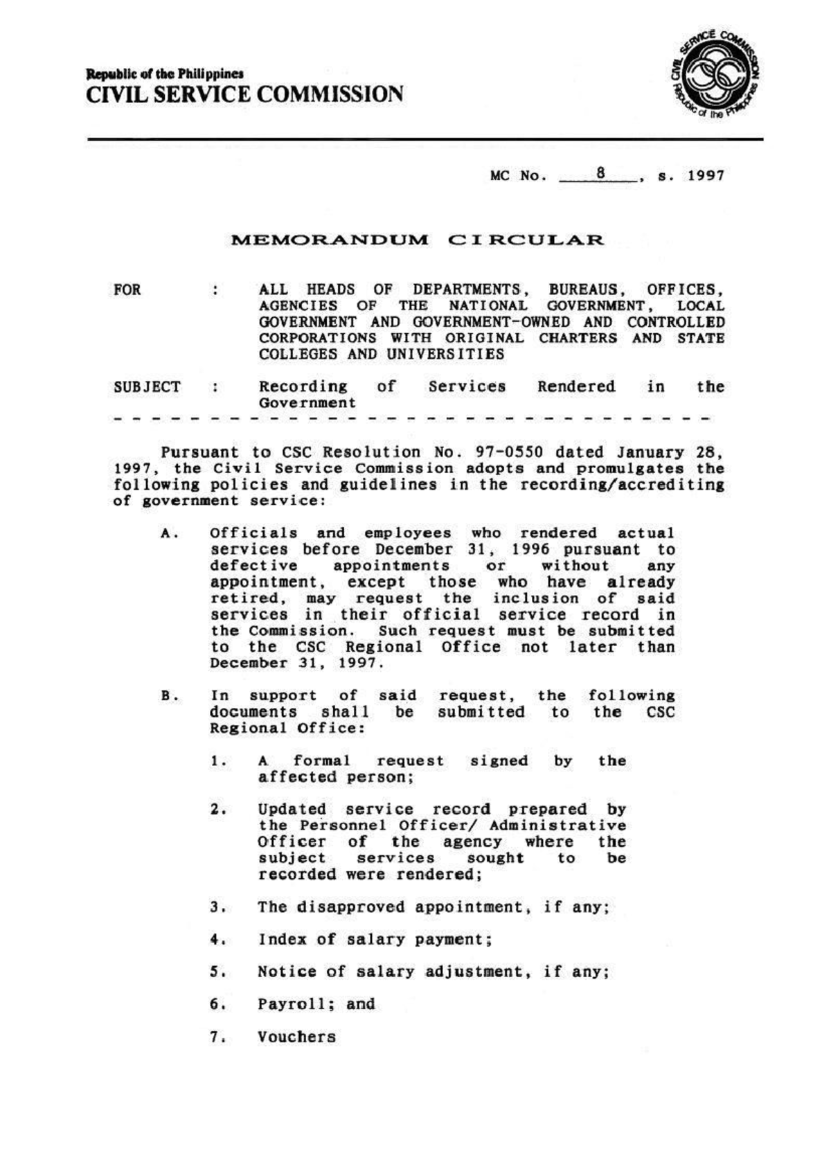 CSC MC No. 8, s-1997 (Recording of Govt Service) - AB Psychology - Studocu