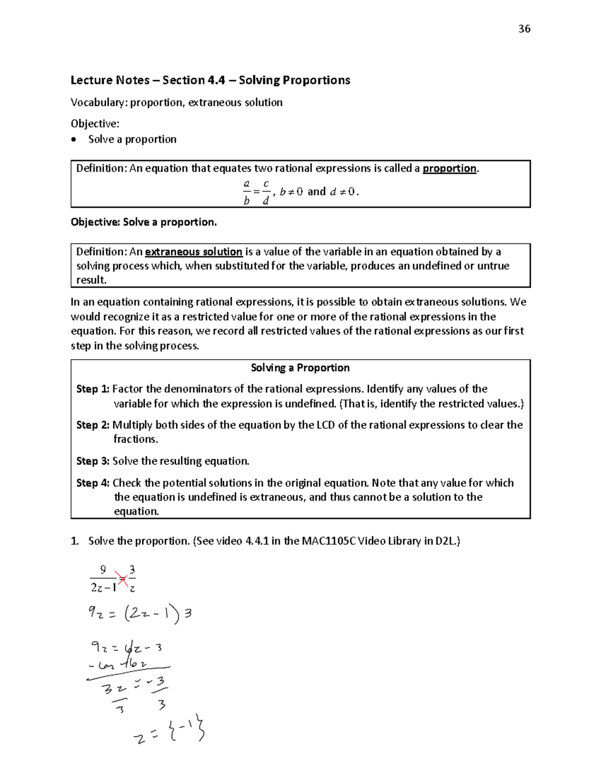 4.4 Lecture Notes - Lecture Notes – Section 4 – Solving Proportions ...