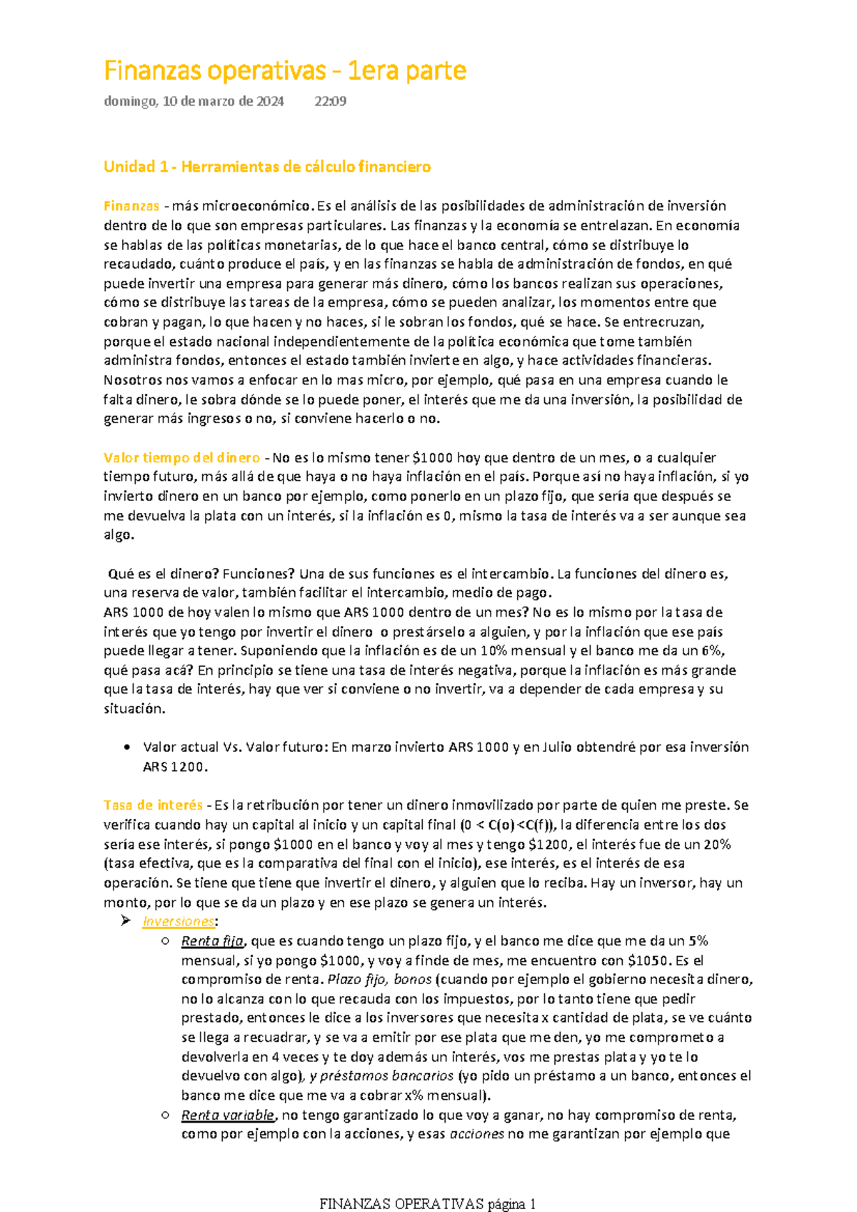 Finanzas operativas 1er parcial - Unidad 1 - Herramientas de cálculo ...